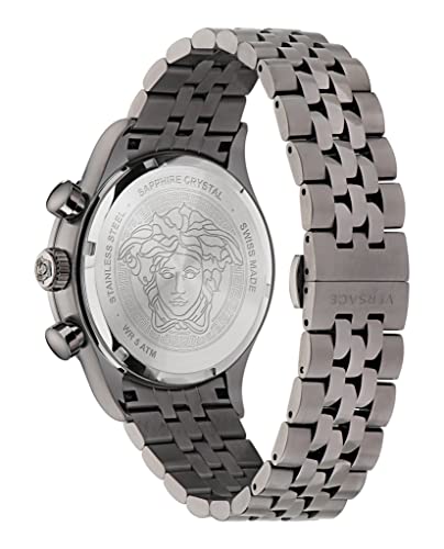 Versace Hellenyium Collection Luxury Mens Watch Timepiece with a Grey Bracelet Featuring a Grey Case and Blue Dial