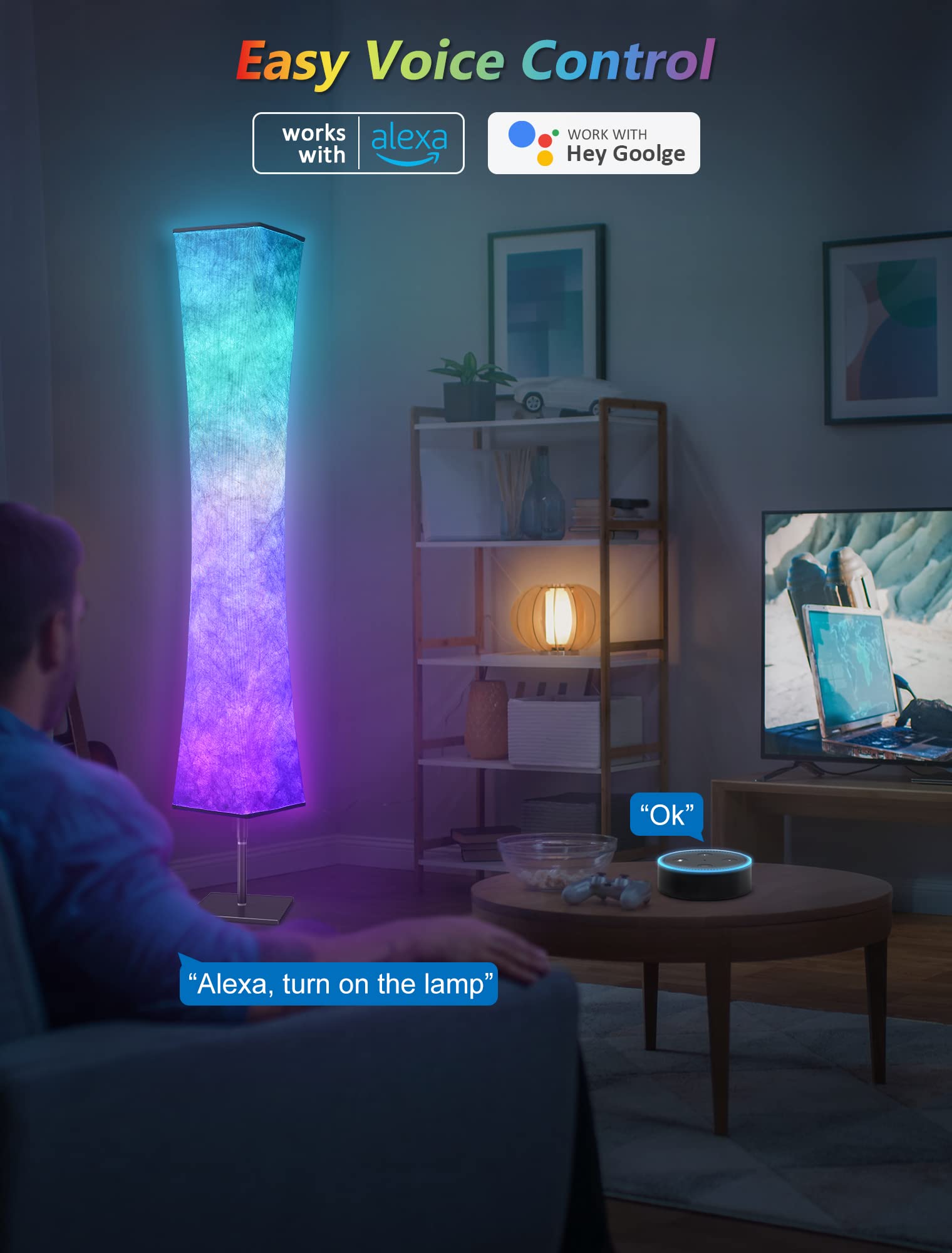 Torchlet RGB Led Smart Lamp Alexa APP Control, Color Changing Modern Floor Standing Lamp with DIY Mode, Music Sync and White Fabric Shade for Living Room Bedroom Game Room