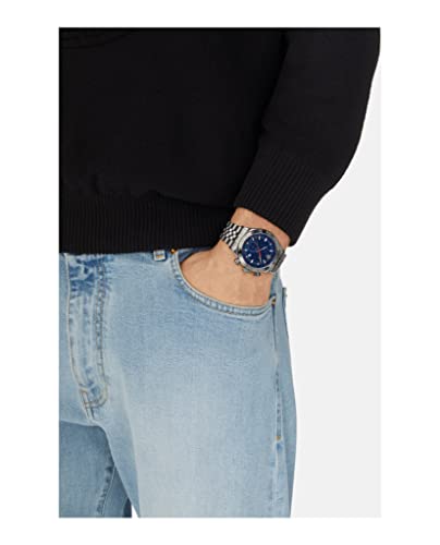 Versace Hellenyium Collection Luxury Mens Watch Timepiece with a Grey Bracelet Featuring a Grey Case and Blue Dial