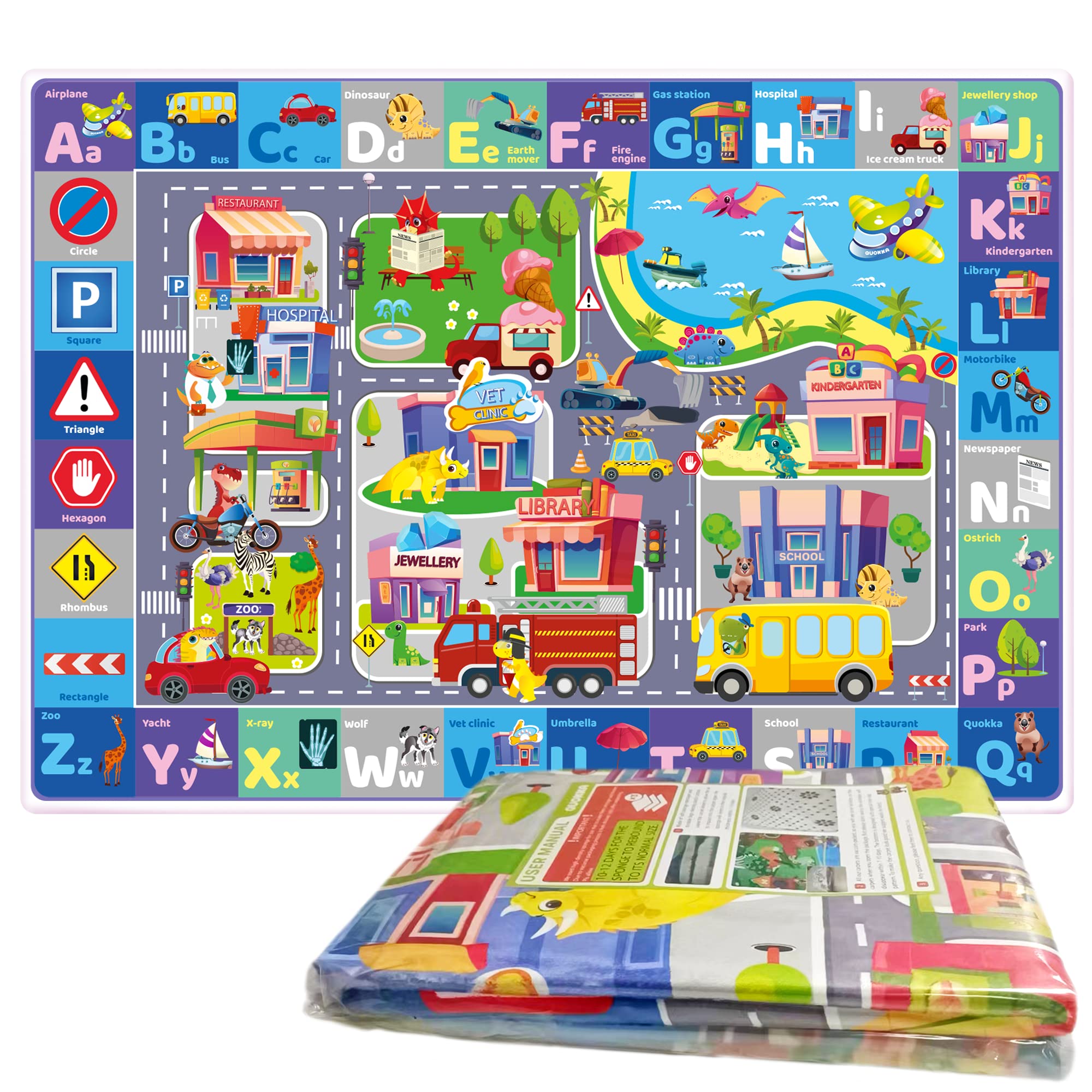 QUOKKA ABC Floor Play Mat – Extra Thick 0.8cm Non-Slip Padded Nursery Rug with City Design for Babies Toddlers & Kids – Super Soft Plush Mat for Playroom - Foldable Gift for Boys and Girls