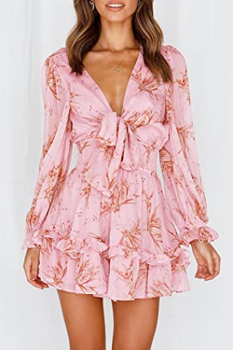 PRETTYGARDEN Women's Short A-Line Flare Dress Knot Front Long Sleeve V Neck Tiered Ruffle Swing Mini Skater Dresses (Pink Floral,Small)