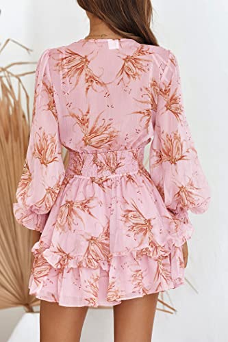 PRETTYGARDEN Women's Short A-Line Flare Dress Knot Front Long Sleeve V Neck Tiered Ruffle Swing Mini Skater Dresses (Pink Floral,Small)