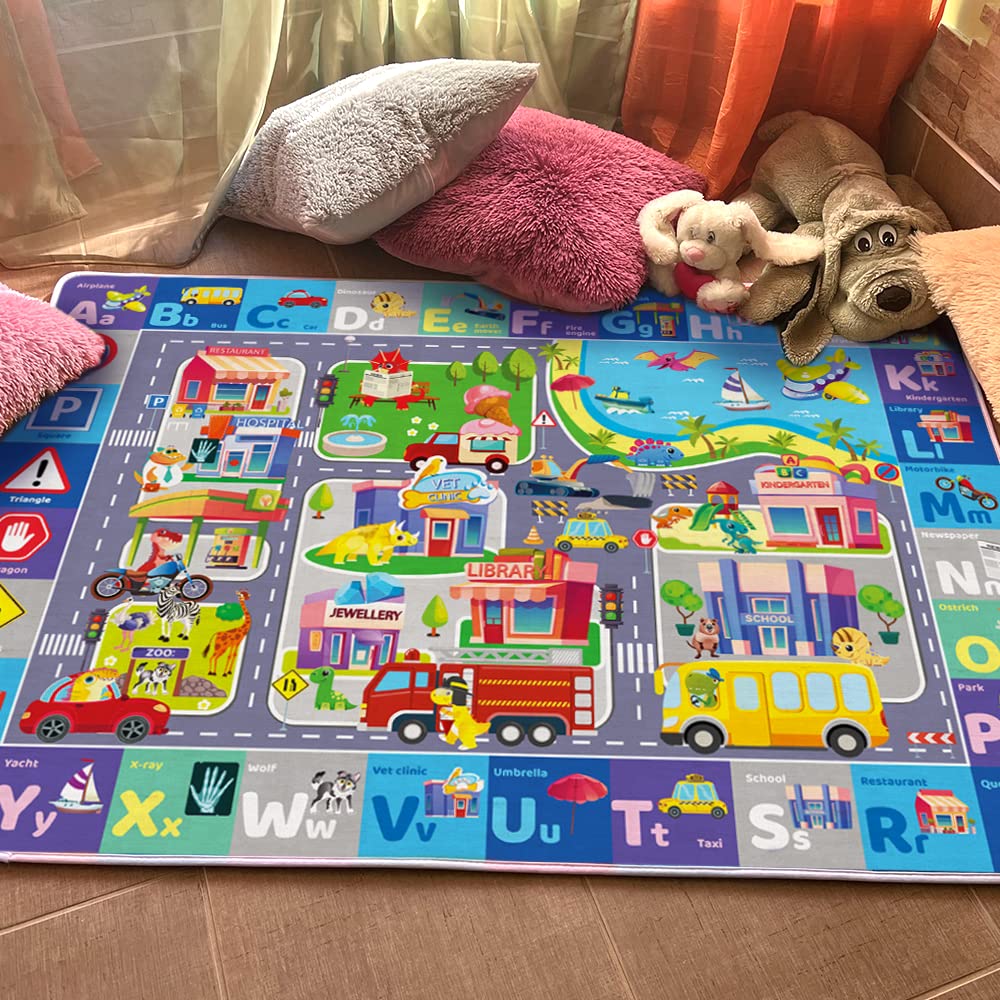QUOKKA ABC Floor Play Mat – Extra Thick 0.8cm Non-Slip Padded Nursery Rug with City Design for Babies Toddlers & Kids – Super Soft Plush Mat for Playroom - Foldable Gift for Boys and Girls