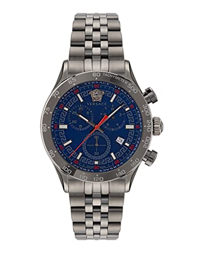 Versace Hellenyium Collection Luxury Mens Watch Timepiece with a Grey Bracelet Featuring a Grey Case and Blue Dial