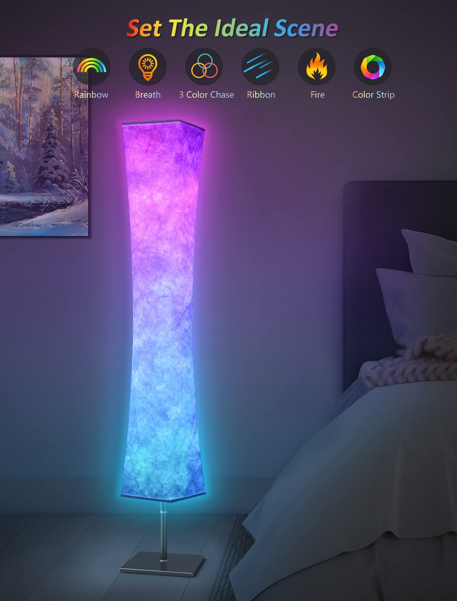 Torchlet RGB Led Smart Lamp Alexa APP Control, Color Changing Modern Floor Standing Lamp with DIY Mode, Music Sync and White Fabric Shade for Living Room Bedroom Game Room