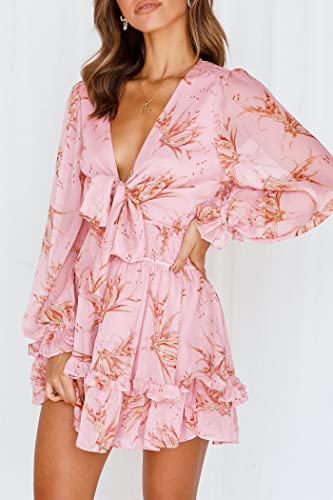 PRETTYGARDEN Women's Short A-Line Flare Dress Knot Front Long Sleeve V Neck Tiered Ruffle Swing Mini Skater Dresses (Pink Floral,Small)