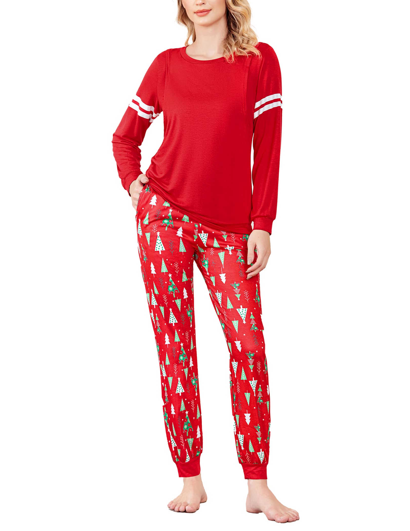 Ekouaer Women's Nursing Pjs Long Sleeve Maternity Pajamas Set X-Mas Pregnancy Breastfeeding Sleepwear Loungewear Christmas Red S