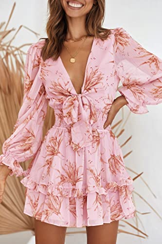 PRETTYGARDEN Women's Short A-Line Flare Dress Knot Front Long Sleeve V Neck Tiered Ruffle Swing Mini Skater Dresses (Pink Floral,Small)