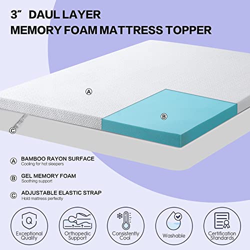 3 Inch Twin Memory Foam Mattress Topper Cooling Gel Infusion Ventilated Design Removable Bamboo Breathable and Washable Cover with Strap