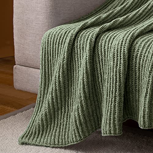Aormenzy Sage Green Chenille Throw Blanket for Couch, Sage Knit Blanket Soft & Cozy Decorative Throw Blanket for Sofa Bed Chair
