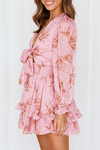 PRETTYGARDEN Women's Short A-Line Flare Dress Knot Front Long Sleeve V Neck Tiered Ruffle Swing Mini Skater Dresses (Pink Floral,Small)