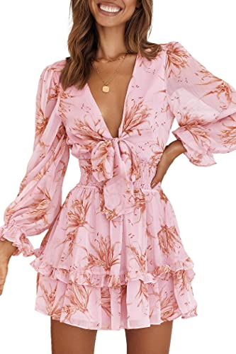 PRETTYGARDEN Women's Short A-Line Flare Dress Knot Front Long Sleeve V Neck Tiered Ruffle Swing Mini Skater Dresses (Pink Floral,Small)