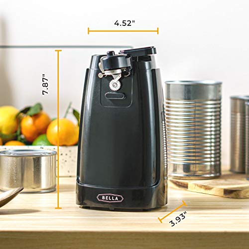 BELLA Electric Can Opener, Automatic Can Opener, Knife Sharpener and Bottle Opener, Easy Safe Removable Cutting Lever, Cord Storage, Easy Clean-Up, Black