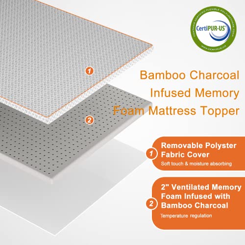 Maxzzz Memory Foam Mattress Topper Queen, 2 Inch Bamboo Charcoal Mattress Topper Bed Topper with Removable Soft Cover, Ventilated Design & CertiPUR-US Certified Foam Topper (Queen)