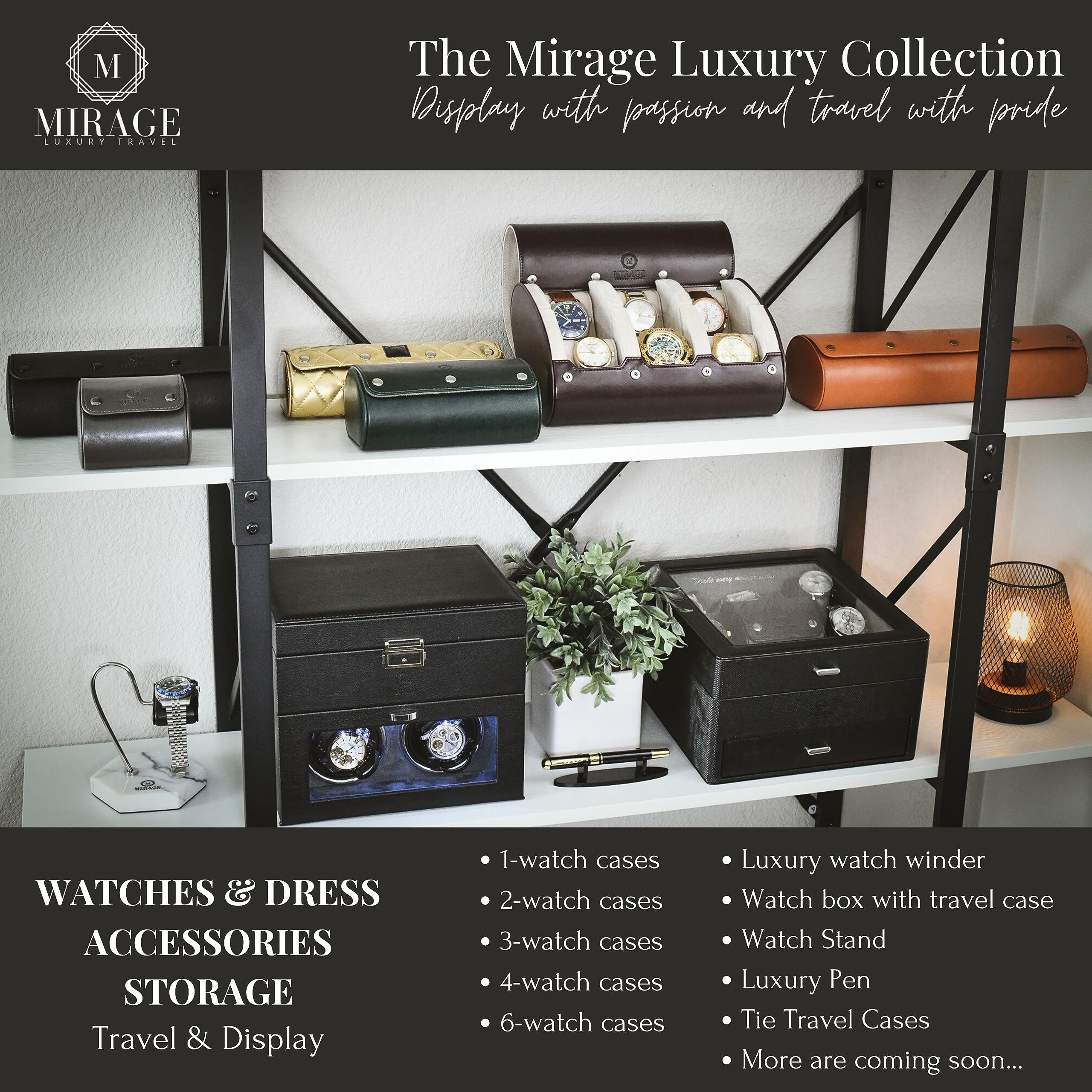 M Mirage Luxury Travel 6 watch display case organizer - Royal Green & Ivory White