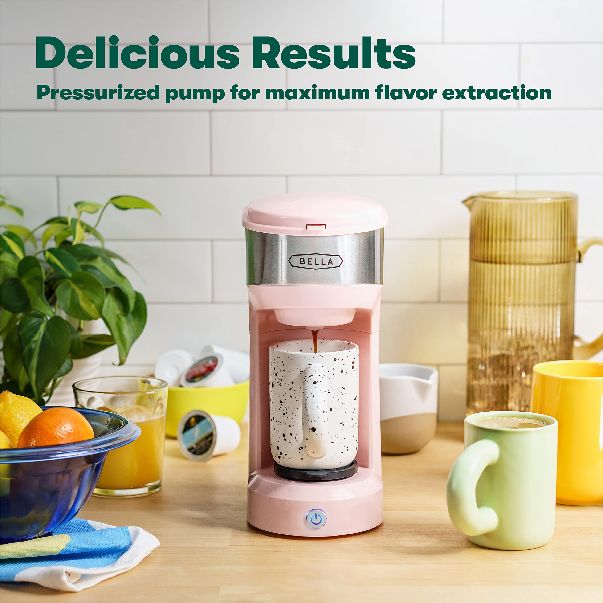 BELLA Dual Brew Single Serve Coffee Maker, K-cup Compatible with Ground Coffee Basket & Adapter - Carefree Auto Shut Off & Adjustable Tray, 14oz, Pink