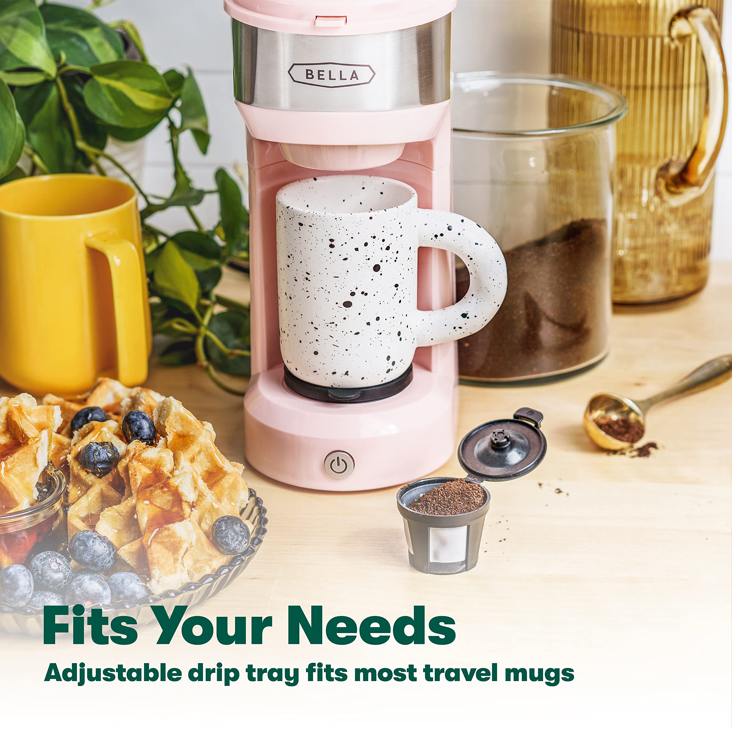 BELLA Dual Brew Single Serve Coffee Maker, K-cup Compatible with Ground Coffee Basket & Adapter - Carefree Auto Shut Off & Adjustable Tray, 14oz, Pink