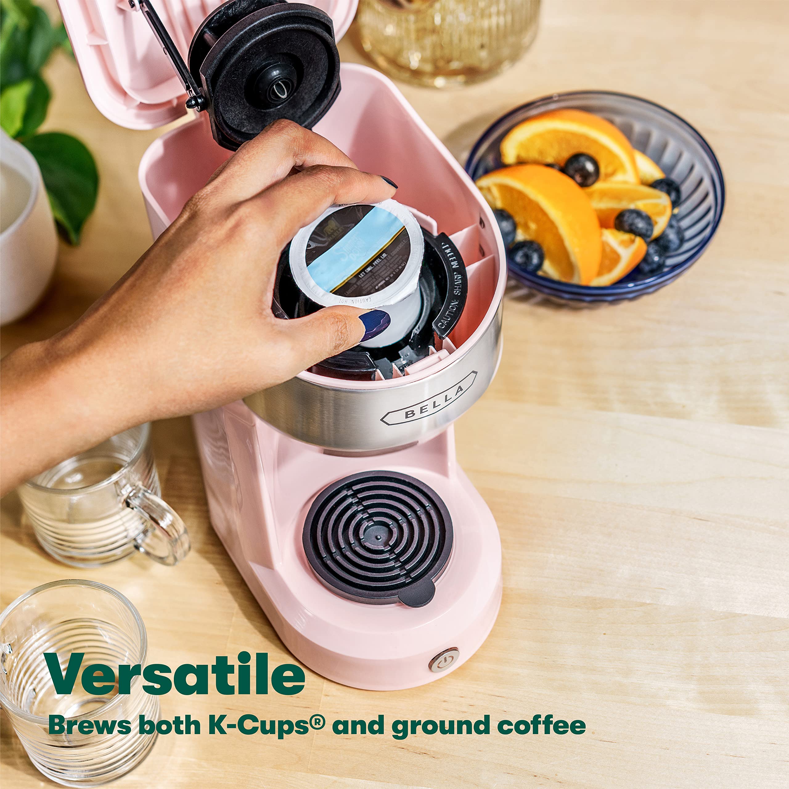 BELLA Dual Brew Single Serve Coffee Maker, K-cup Compatible with Ground Coffee Basket & Adapter - Carefree Auto Shut Off & Adjustable Tray, 14oz, Pink