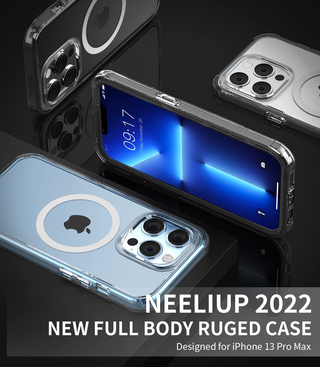 Neeliup Privacy Case for iPhone 13 Pro Max[100% Screen Sensitivity][with Anti Peep Screen Protector][Full Body Protection] Magnetic Case for iPhone 13 Pro Max Sierra Blue