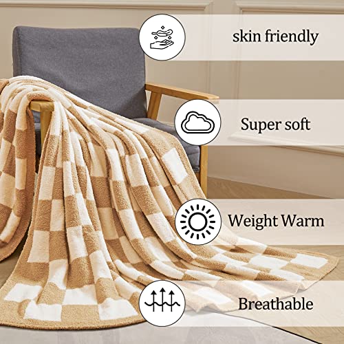 Khaki Checkered Throw Blanket Soft Warm Couch Blanket Reversible Plaid Checkerboard Grid Blanket for Bed Sofa 60"×79"
