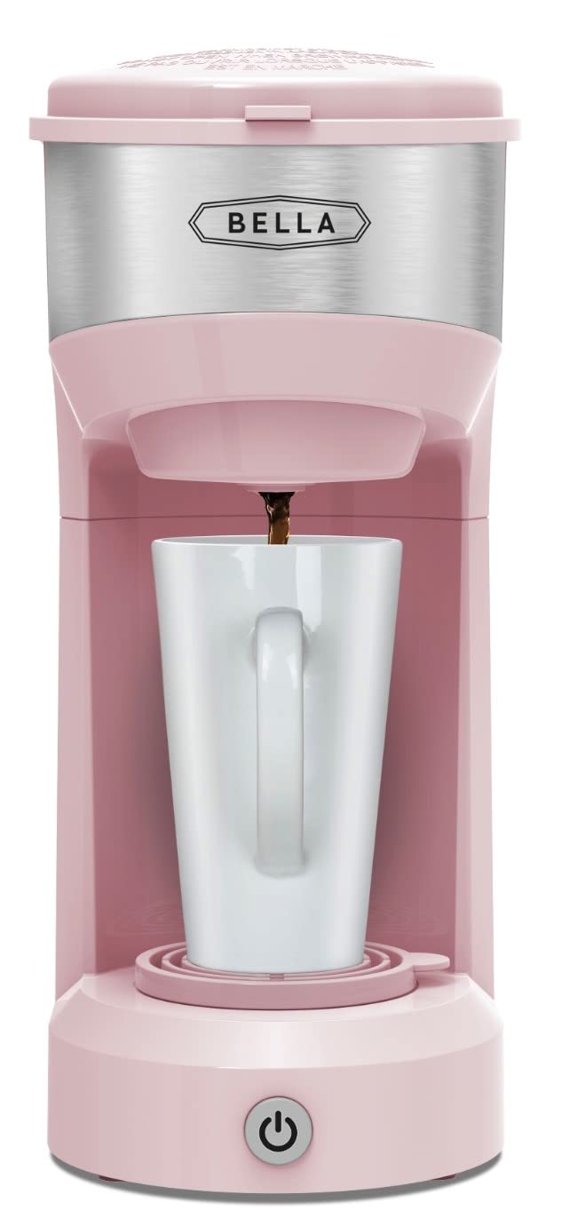 BELLA Dual Brew Single Serve Coffee Maker, K-cup Compatible with Ground Coffee Basket & Adapter - Carefree Auto Shut Off & Adjustable Tray, 14oz, Pink