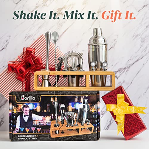 Elite Mixology Bartender Kit Cocktail Shaker Set by barillio: Drink Mixer Set with Bar Tools, Sleek Bamboo Stand, Velvet Carry Bag & Recipes Booklet