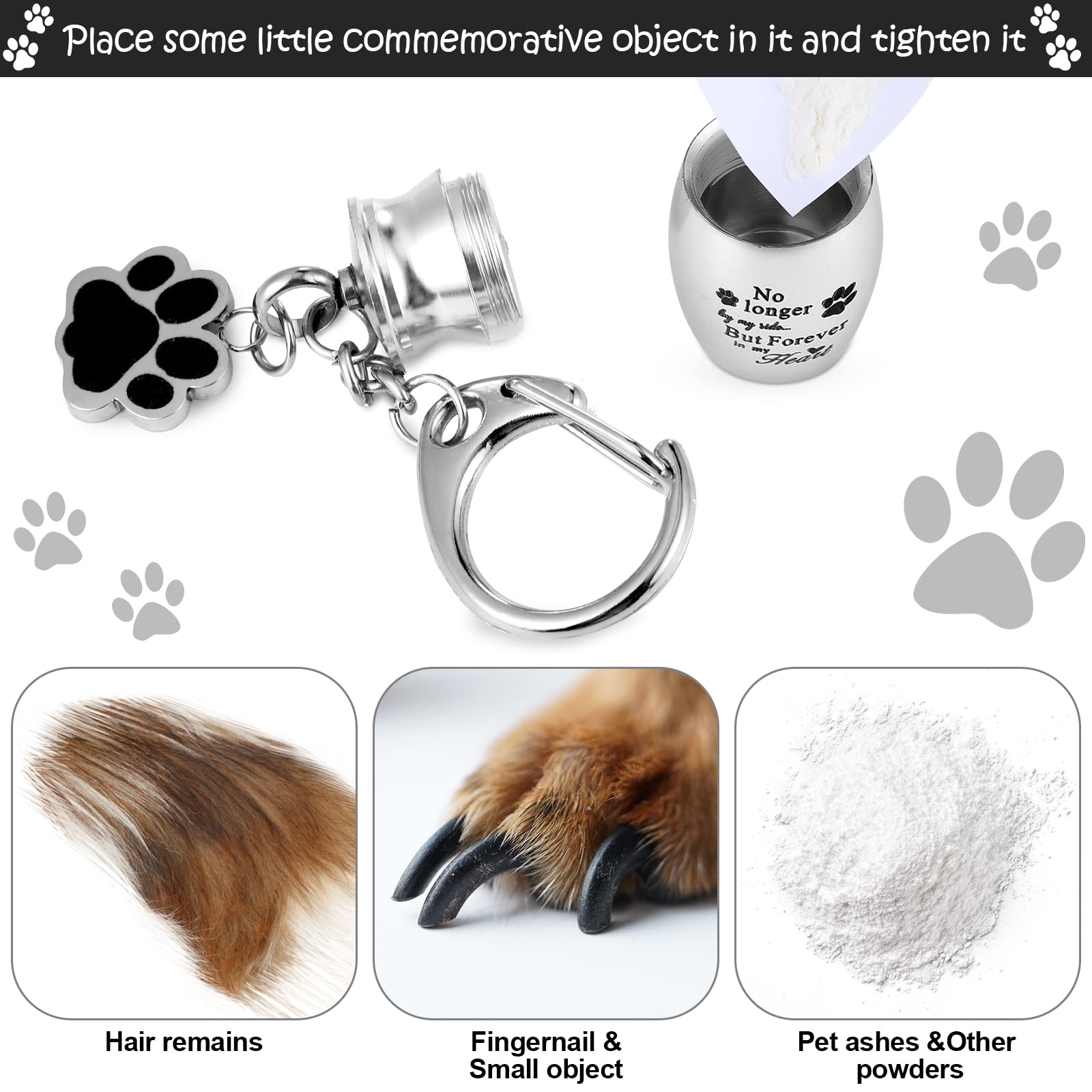 Tudomro Cylinder Cremation Dog Ashes Keepsake Urn Keychain Memorial Ashes Stainless Steel Pet Puppy Dog Paw Charm with Storage Bag(Silver)