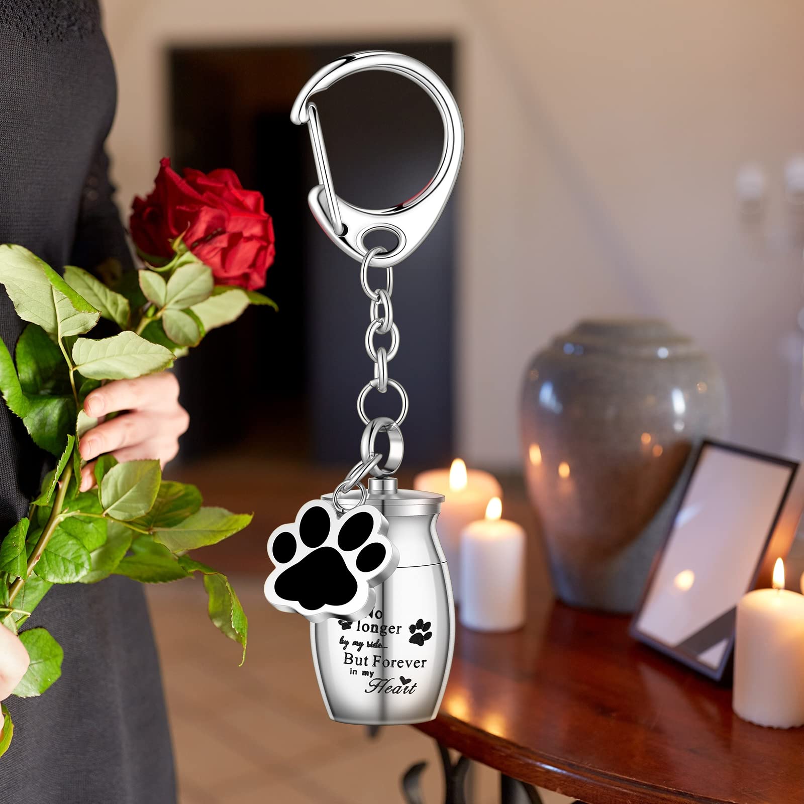 Tudomro Cylinder Cremation Dog Ashes Keepsake Urn Keychain Memorial Ashes Stainless Steel Pet Puppy Dog Paw Charm with Storage Bag(Silver)
