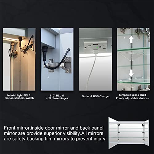 WELLFOR Lighted Mirrored Cabinet with Defogger, Dimmer, Outlets & USB Ports, Wall Mounted Bathroom Medicine Cabinet, Bathroom Makeup Mirror, Recessed or Surface, Double Opening Doors, 30" X 30"