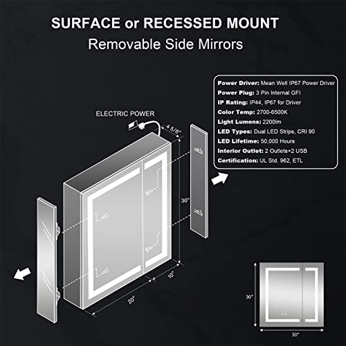 WELLFOR Lighted Mirrored Cabinet with Defogger, Dimmer, Outlets & USB Ports, Wall Mounted Bathroom Medicine Cabinet, Bathroom Makeup Mirror, Recessed or Surface, Double Opening Doors, 30" X 30"