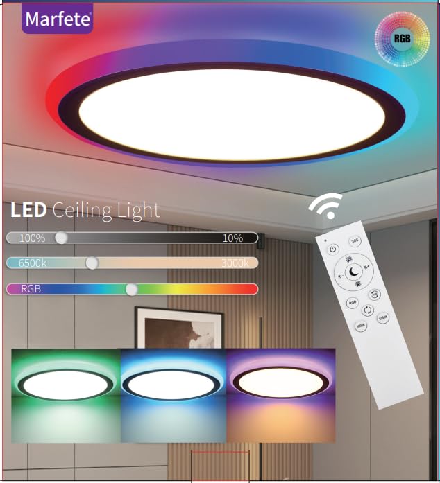 Marfete Flush Mount LED Ceiling Light Dimmable with Remote Control, 13Inch 30W RGB Sidelight Close to Ceiling Light Fixture 3000-6500K, Modern Ultra-Thin Round Ceiling Lamp for Bedroom Kids Room