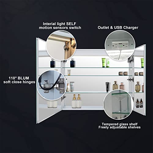 WELLFOR Lighted Mirrored Cabinet with Defogger, Dimmer, Outlets & USB Ports, Wall Mounted Bathroom Medicine Cabinet, Bathroom Makeup Mirror, Recessed or Surface, Double Opening Doors, 30" X 30"