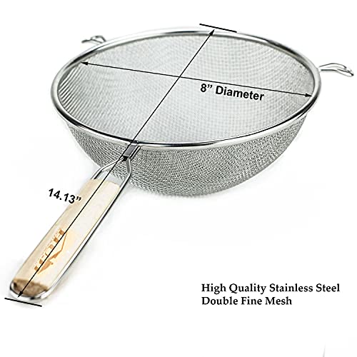 Huji Stainless Steel Fine 8" Double Mesh Food Strainer Colander Sieve Sifter with Wooden Handle for Kitchen Rice Pasta Noodles (1 Pack, 8")