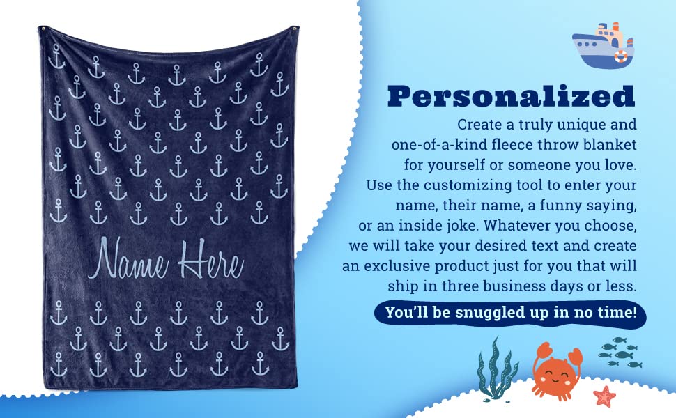 Personalized Fleece Blanket - Custom Throw Blankets for Adults Men Women Kids - Nautical Theme Navy Blue Anchor (Adult 60"x80")