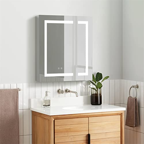 WELLFOR Lighted Mirrored Cabinet with Defogger, Dimmer, Outlets & USB Ports, Wall Mounted Bathroom Medicine Cabinet, Bathroom Makeup Mirror, Recessed or Surface, Double Opening Doors, 30" X 30"