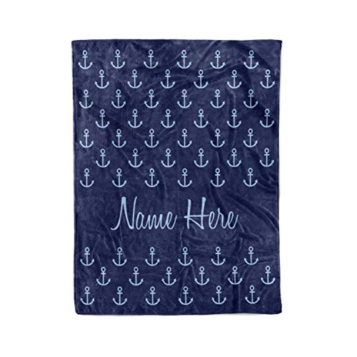 Personalized Fleece Blanket - Custom Throw Blankets for Adults Men Women Kids - Nautical Theme Navy Blue Anchor (Adult 60"x80")