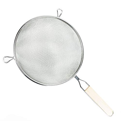 Huji Stainless Steel Fine 8" Double Mesh Food Strainer Colander Sieve Sifter with Wooden Handle for Kitchen Rice Pasta Noodles (1 Pack, 8")