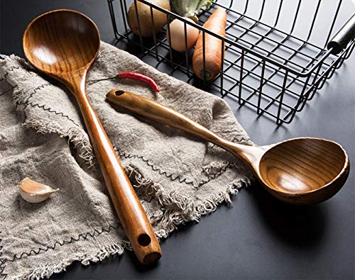 2 Pcs Wooden Spoon Ladle for Cooking Spoons-14 inch Long Kitchen Cooking Spoon & 11 inch Best Wood Spoons Large Deep Serving Spoons Soup Ladles Set