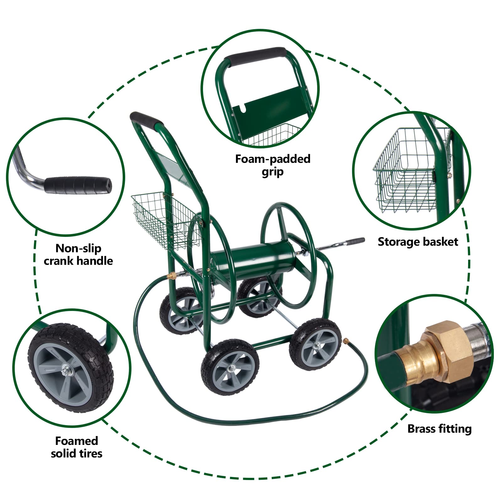 Tools Industrial Hose Reel Cart, Garden Heavy Duty Hose Reel Cart with 4 Solid Wheels Lawn Watering Outdoor Yard Water Planting，Holds 300-Feet of 5/8" Hose Capacity