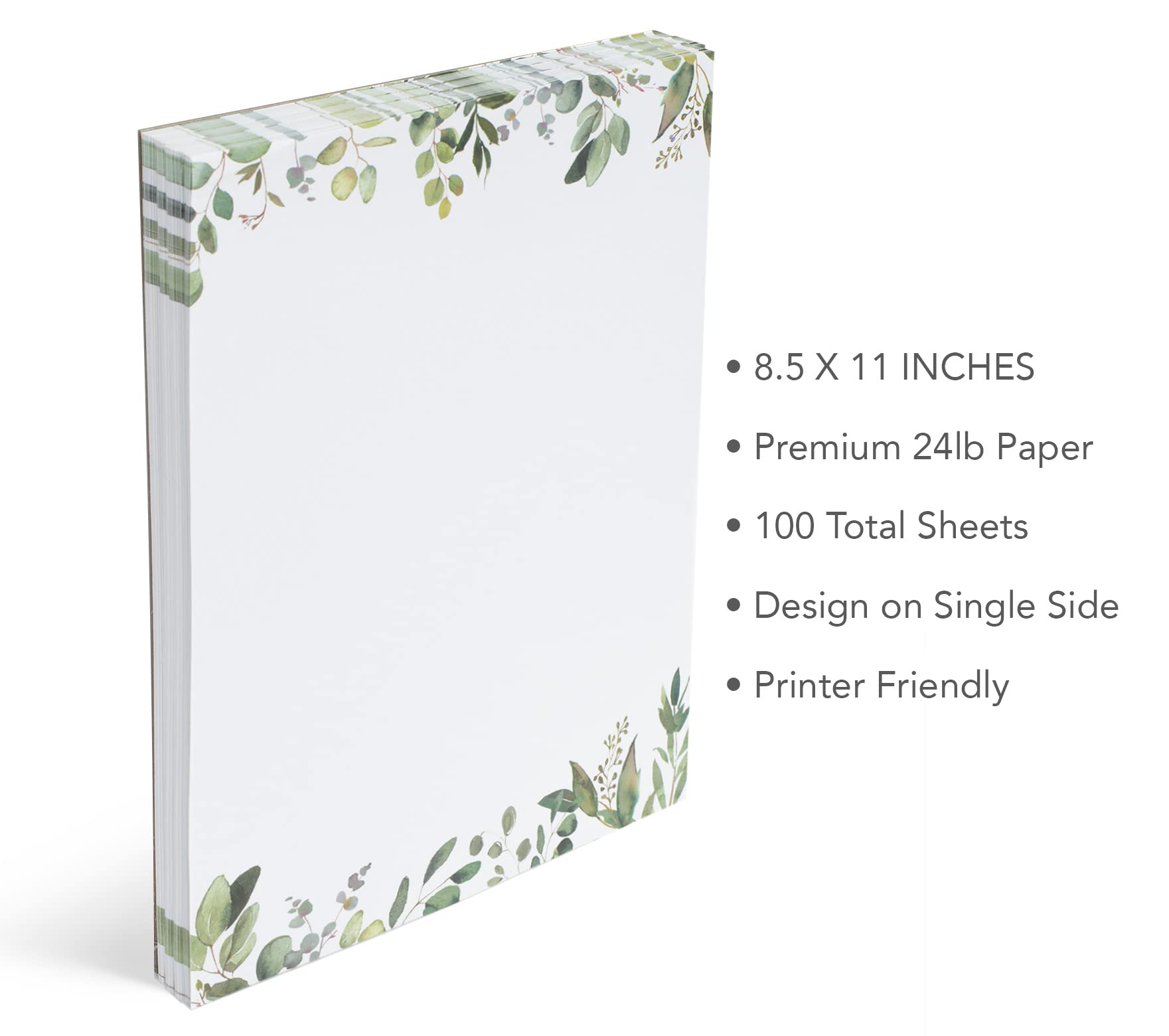 Leaf Border Stationery Writing Paper 100 Sheets, Greenery Letterhead Paper 8.5 x 11 Inches, Elegant Writing Paper, Pretty Stationary Paper, Decorative Printer Paper