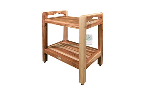 DecoTeak Earthy Teak Shower Stool Eleganto Natural Wood Seat Shower Bench with Storage Shelf and LiftAide Arms for Indoors and Outdoors - 14 inches Wide