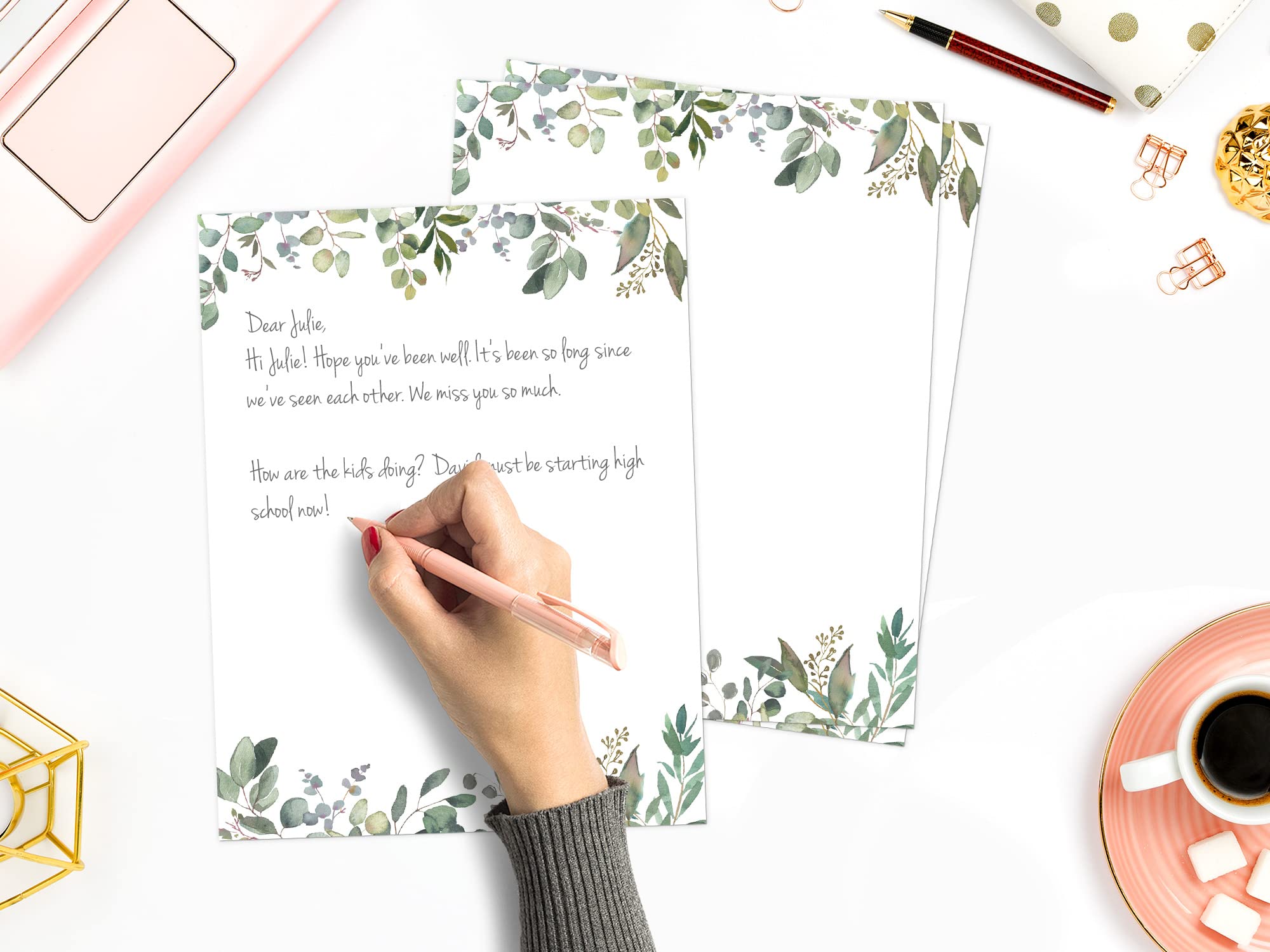 Leaf Border Stationery Writing Paper 100 Sheets, Greenery Letterhead Paper 8.5 x 11 Inches, Elegant Writing Paper, Pretty Stationary Paper, Decorative Printer Paper