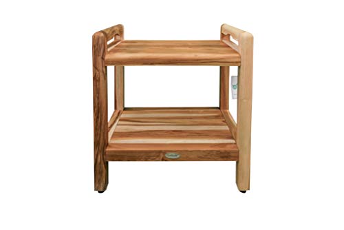 DecoTeak Earthy Teak Shower Stool Eleganto Natural Wood Seat Shower Bench with Storage Shelf and LiftAide Arms for Indoors and Outdoors - 14 inches Wide
