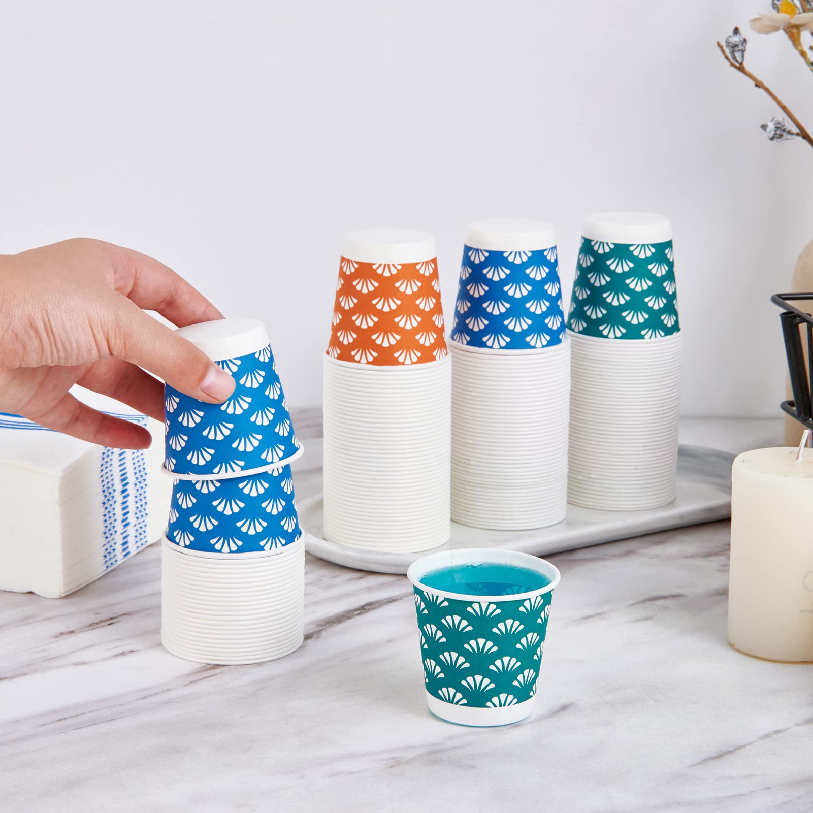 JollyPack 300 Pack 3 oz Paper Cups, Disposable Bathroom Cups, Small Mouthwash Cups, Rinse Cups, Orange Blue and Green Mini Cups for Candy and Biscuits, Perfect for Bathroom, Party, Picnic, Travel