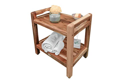 DecoTeak Earthy Teak Shower Stool Eleganto Natural Wood Seat Shower Bench with Storage Shelf and LiftAide Arms for Indoors and Outdoors - 14 inches Wide