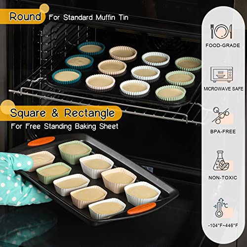48 Pack Silicone Cupcake Liners, 3 Shapes of Standard Round & Square & Rectangle - Reusable Non-Stick Muffin Cups for Baking, Multicolor Bento Lunch Box Dividers - Non-Toxic, BPA Free, Dishwasher Safe
