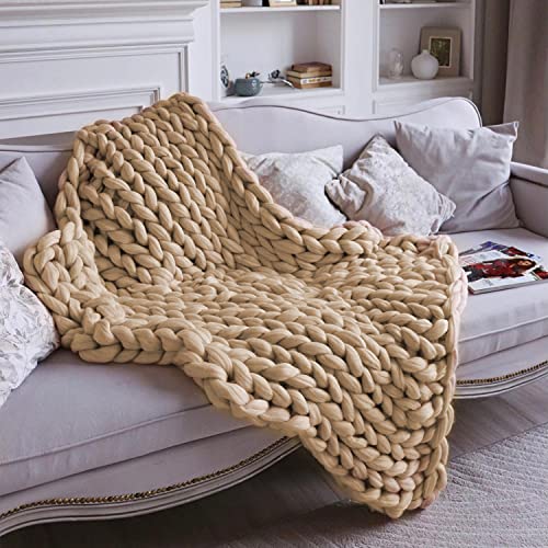 Shalenine Chunky Knit Blanket Throw Merino Wool Blend Handmade Decor Giant Yarn Large Cable Knitted Blanket,Khaki,40''x40''