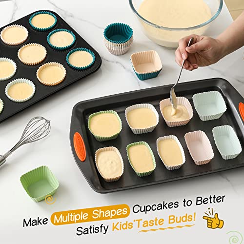 48 Pack Silicone Cupcake Liners, 3 Shapes of Standard Round & Square & Rectangle - Reusable Non-Stick Muffin Cups for Baking, Multicolor Bento Lunch Box Dividers - Non-Toxic, BPA Free, Dishwasher Safe