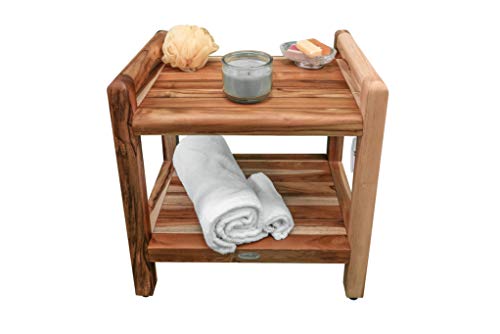 DecoTeak Earthy Teak Shower Stool Eleganto Natural Wood Seat Shower Bench with Storage Shelf and LiftAide Arms for Indoors and Outdoors - 14 inches Wide