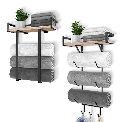 Towel Racks for Bathroom Wall Mounted, Xstydes Metal Towel Holder with Wooden Shelf for Folding Large Towels, Towel Storage for Small Bathroom Organizer Decor or RV Camping, (TR-H+TR-J)
